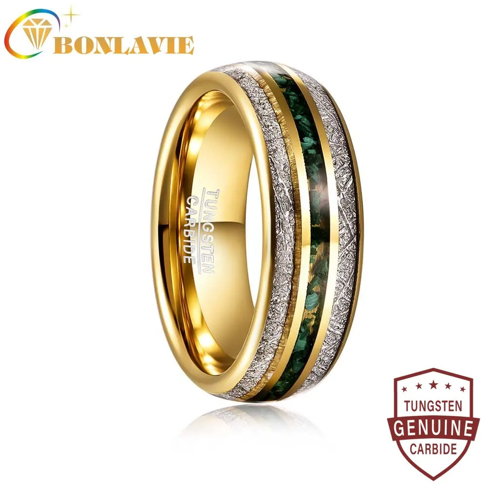 BONLAVIE-8mm-Electric-Gold-Color-Inlaid-Meteorite-Green-Gravel-Tungsten ...