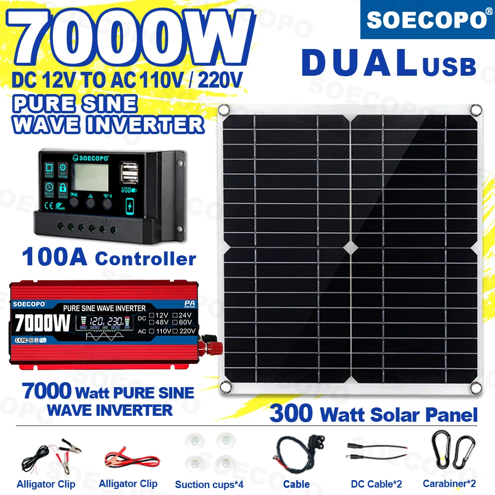 SOECOPO 7000W Full Solar System Kit 300W Solar Panel Pure Sine Wave ...