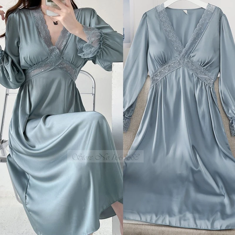 Female Long Nightdress Sexy Hollow Lace Sleepwear Home Dress Palace ...