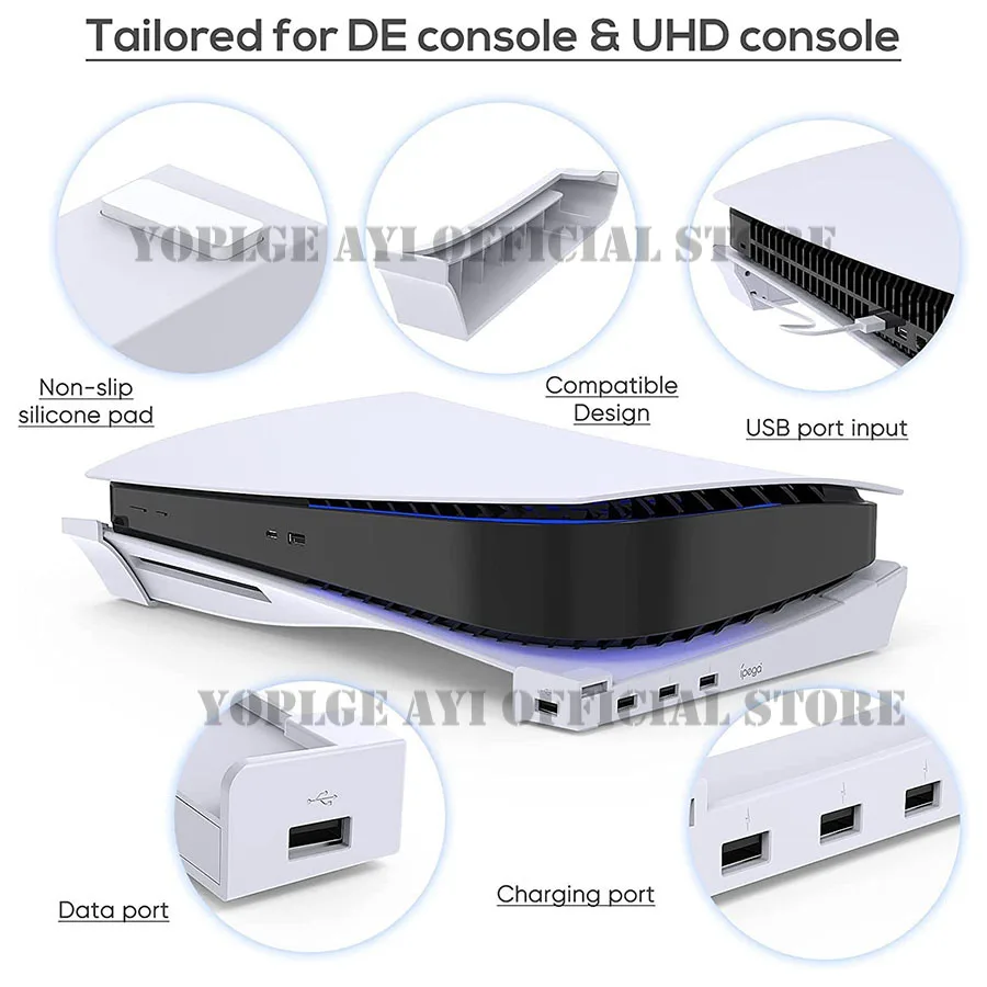 BLANC-Support horizontal PS5 mis à niveau, hub USB, support de superposition, supports ...