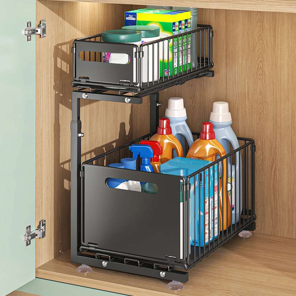2 Tier Pull Out Under Sink Organizer Adjustable Kitchen Cabinet Storage