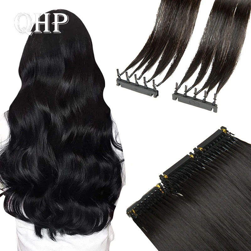 Natural-Straight-6D-Virgin-Human-Hair-Extensions-Handmade-Seamless-Loop ...
