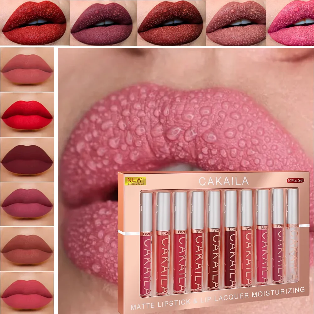 CAKAILA 10 pcs Matte Velvet Nude Lip Gloss Set Lipstick color showing ...