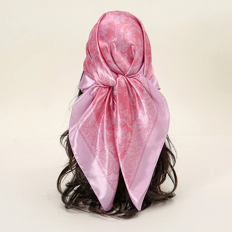 New Satin Silk Printed 90 Square Scarf Headband Kerchief Woman Muslim ...