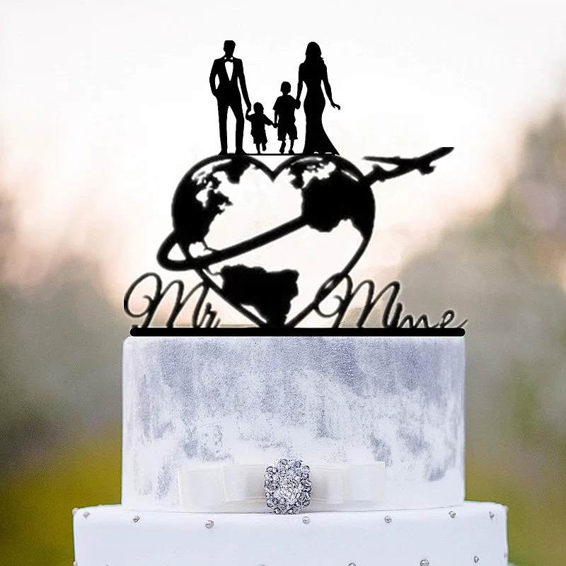 Travel Themed World Map Wedding Cake Topper Wedding Anniversary Family ...