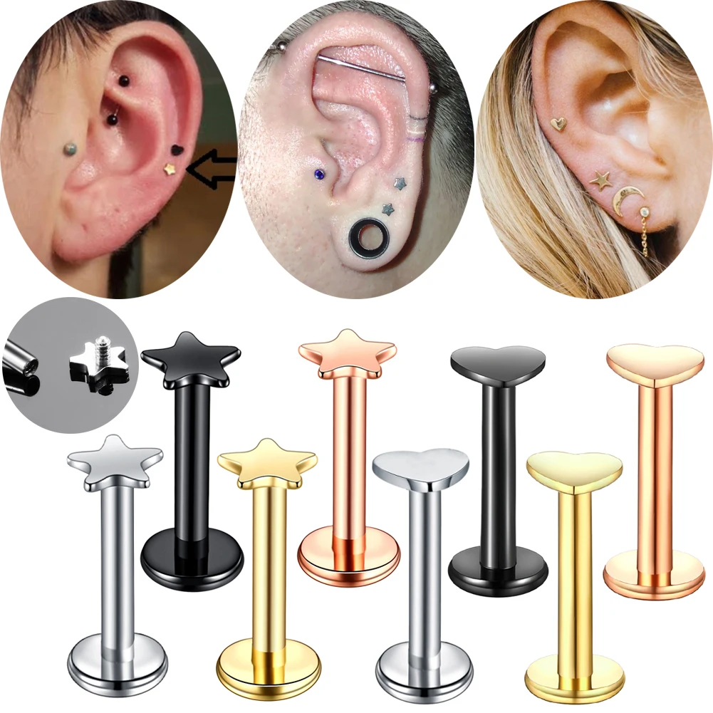 1Pc-Staal-Labret-Piercing-Stud-Earring-Hart-Ster-16G-8Mm-Interne-Draad ...