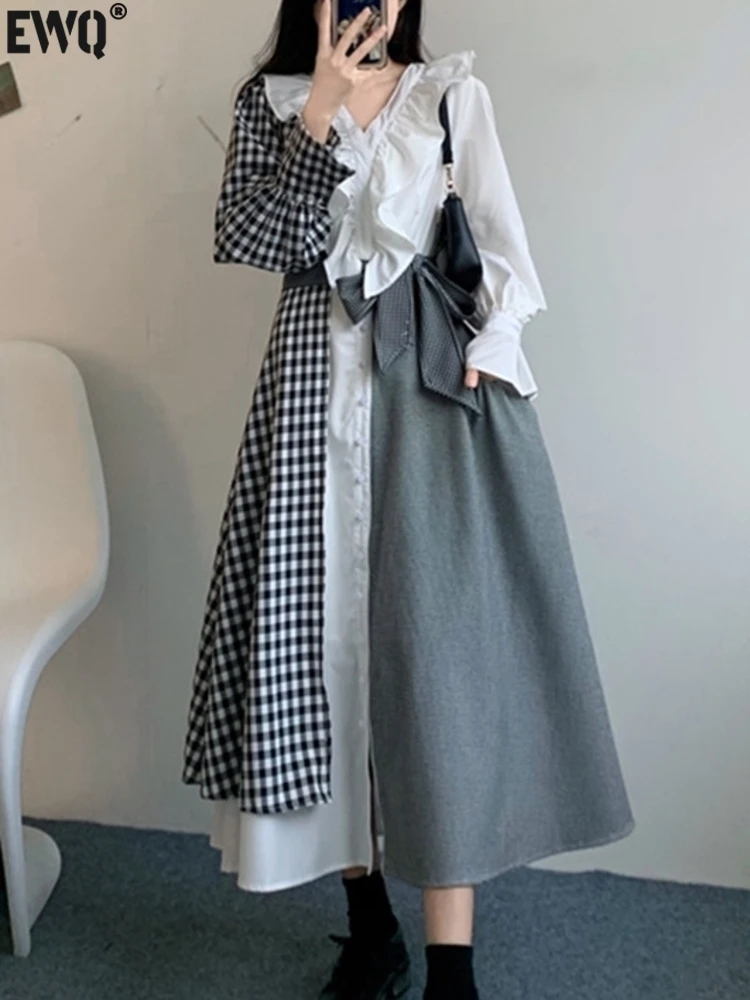 [EWQ] Women Fake Two Pieces Dress Patchwork Edible Tree Fungus Dresses ...