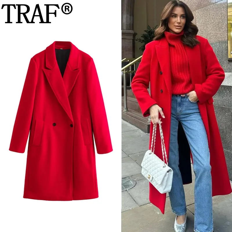 TRAF-Woman-Long-Coat-Double-Breasted-Red-Winter-Coat-For-Women-Long ...
