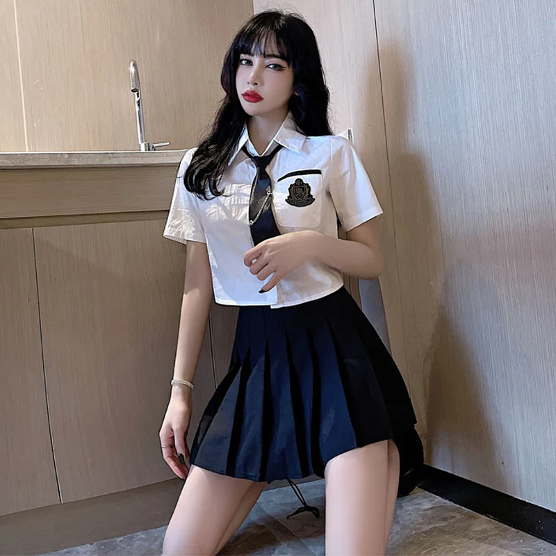 Gege's Summer Internet Celebrity Girl Preppy Jk Uniform 짧은 배지 넥타이 셔츠 + 주름 짧은 드레스 세트, 인터넷 연예인 소녀 ...