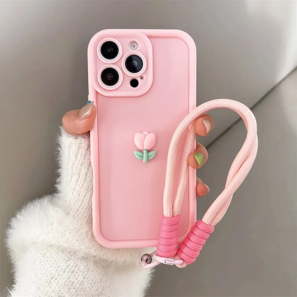 3D Cute Tulip Flower Lanyard Rope Phone Case For iPhone 17 16 15 14 13 ...
