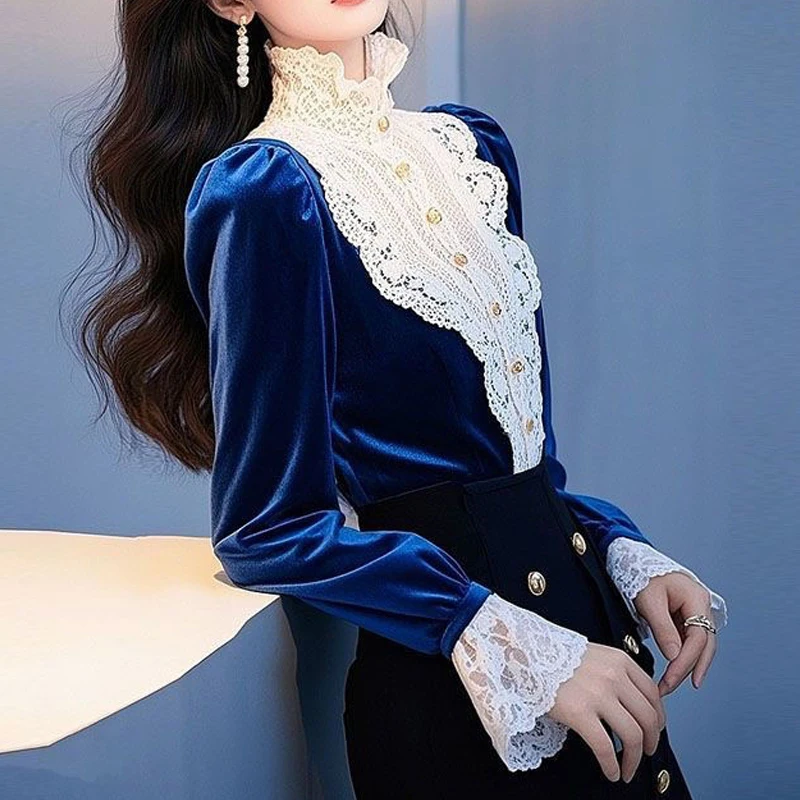 Elegant Lace Patchwork Blue Velvet Blouse Spring Autumn Long Sleeve ...