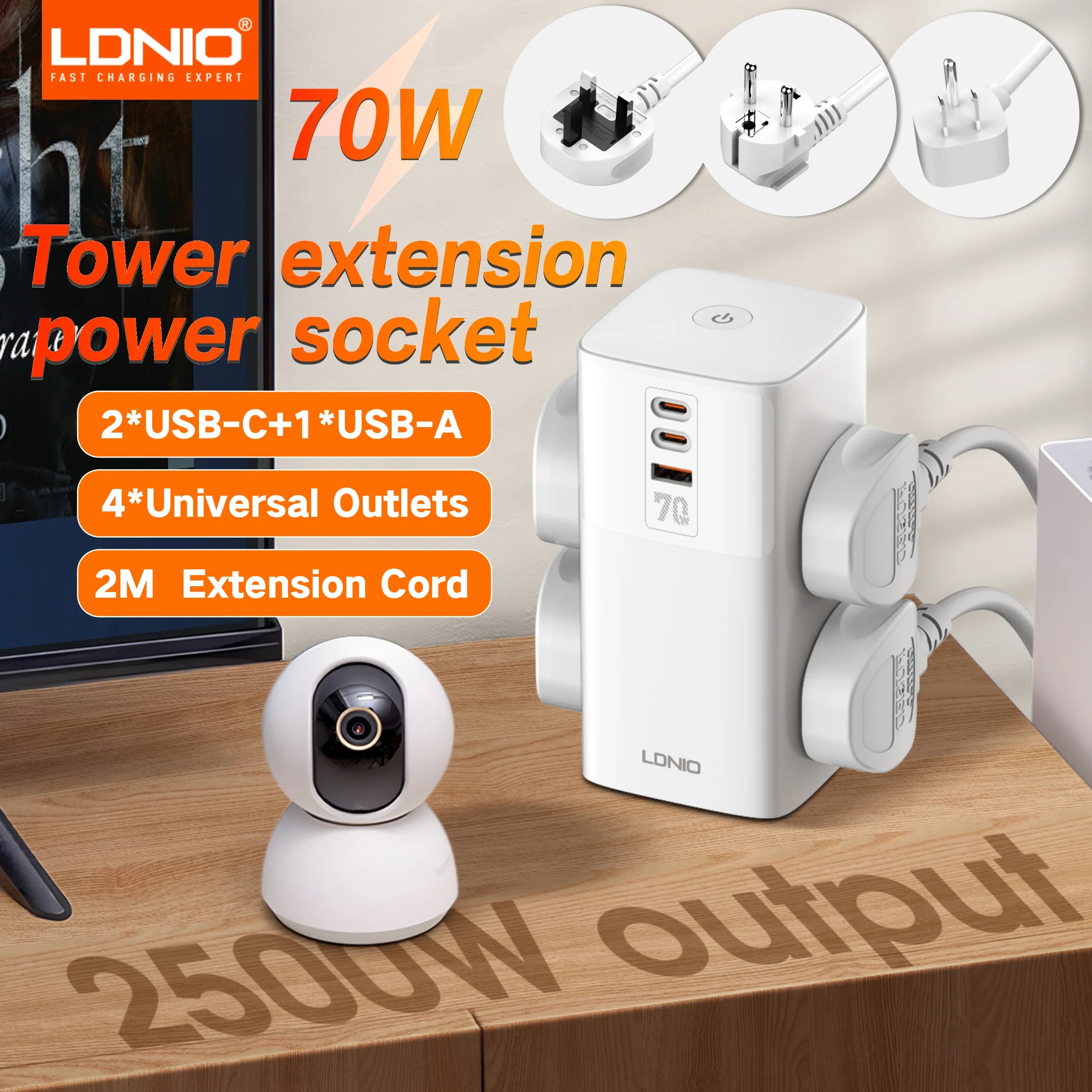 LDNIO Tower Power Strip Multi Outlets with 70W Type C 2M Extension ...
