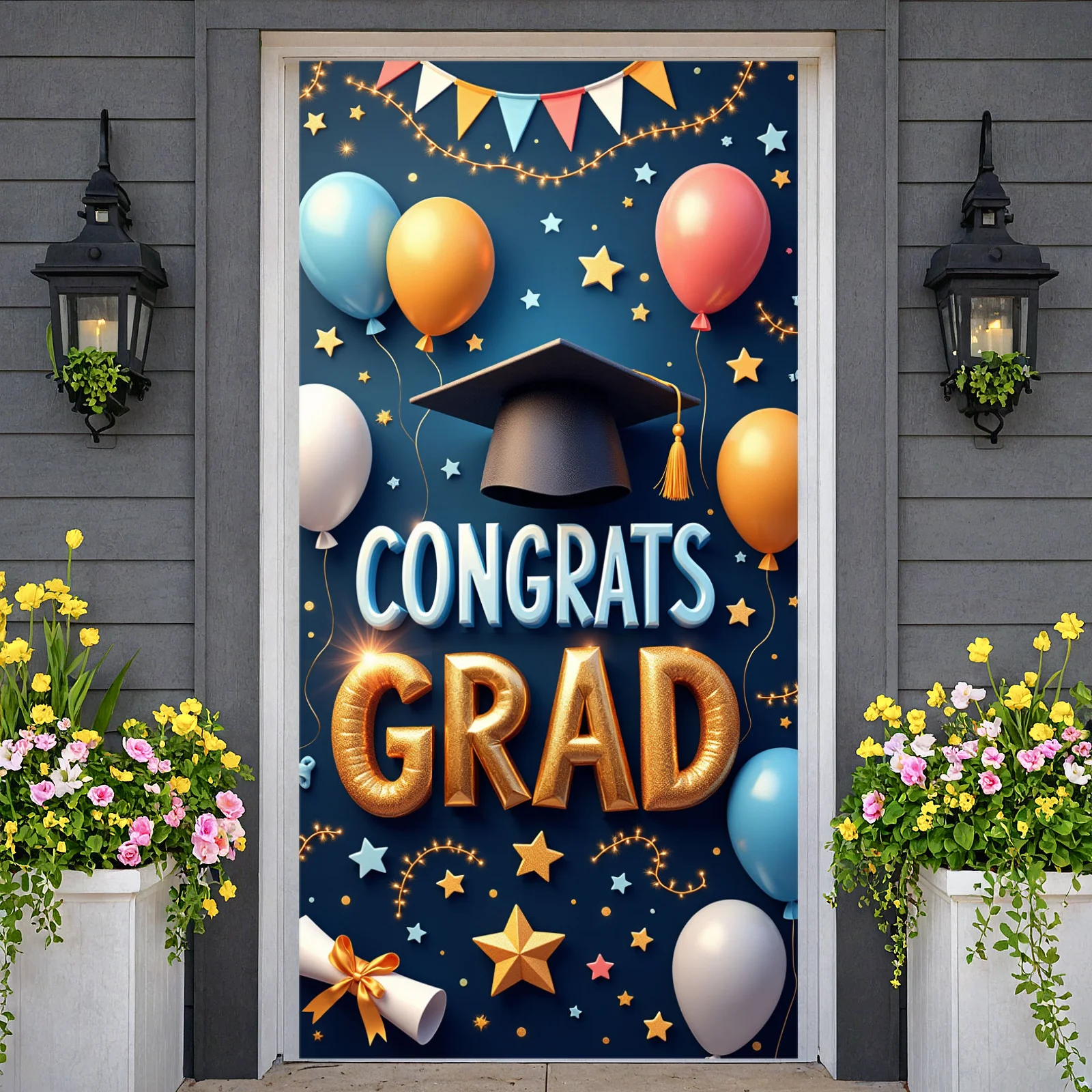 Grad Party Backdrop Black Grad Cap Graduation Decor Banner Congrats ...