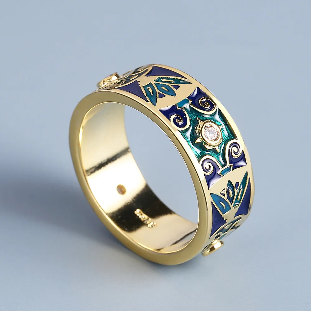 18k Gold Creative Handmade Enamel Ring for Women's Fashion Bohemian ...