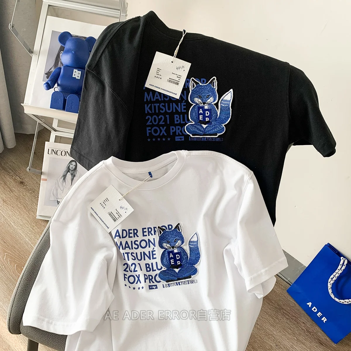 Ader Error 남녀공용 여우 자수 반팔 티셔츠, 라운드 넥, 루즈한 커플 패션 브랜드 보터밍 프린트| | - AliExpress