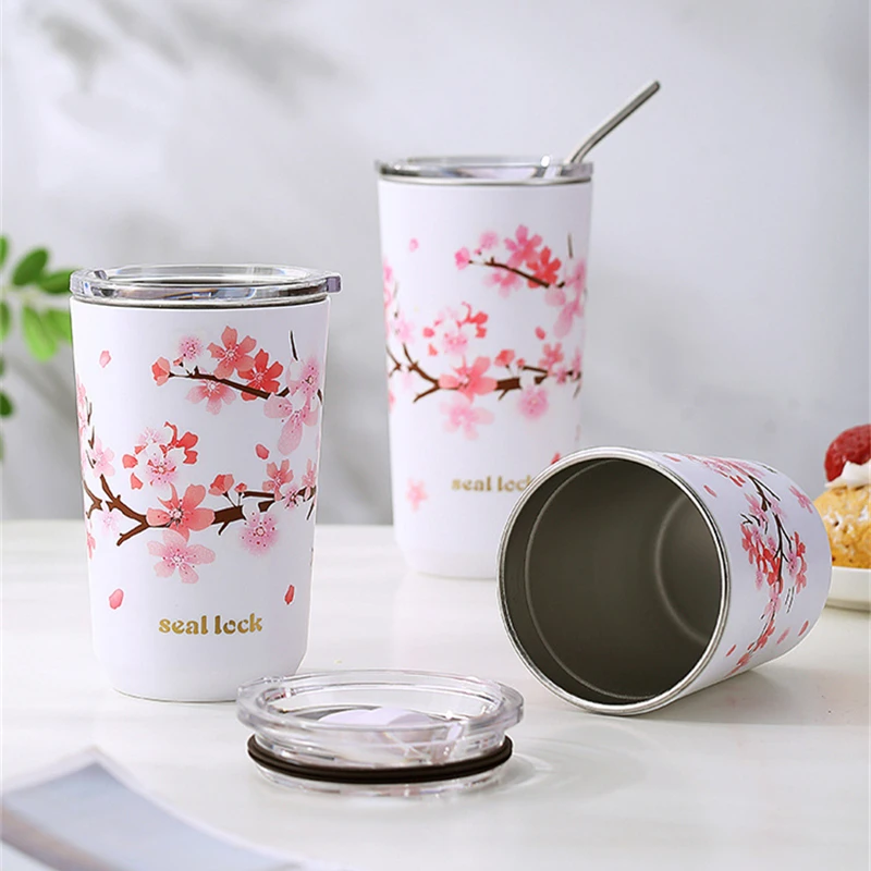 Stainless Steel Cherry Blossom Thermal Mug With Lid Double Wall Coffee ...