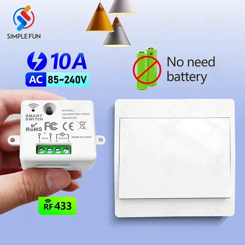 Mini-433MHz-Smart-Light-Switch-50m-Self-Powered-Wireless-Wall-Switch-No ...