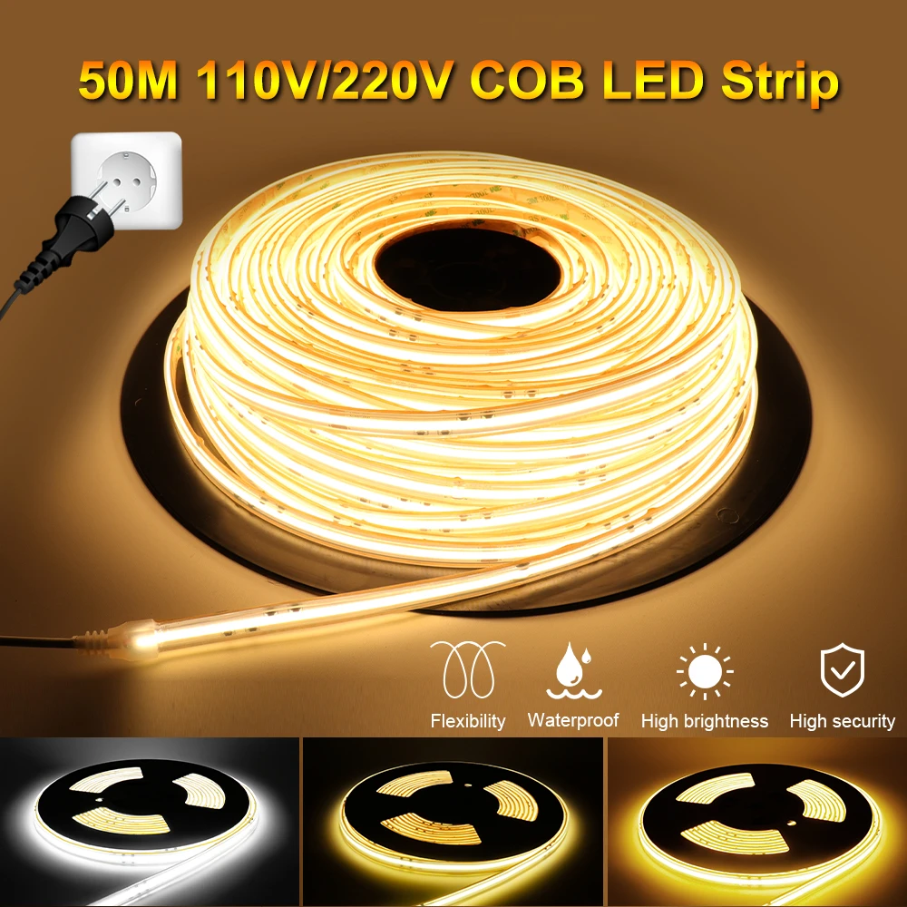 20m 30m 40m 50m COB LED Strip 220V 110V AC Voltage Driverless FCOB LED ...