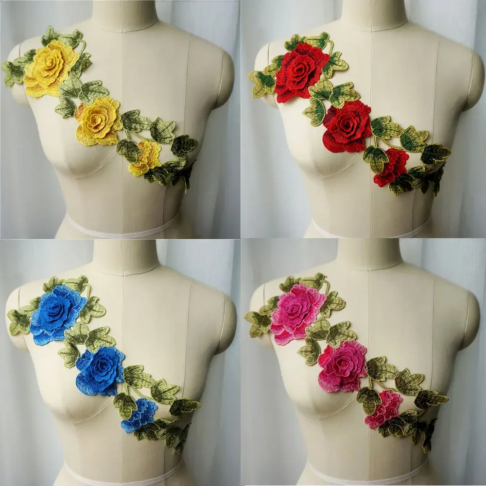 Red-Blue-Pink-Embroidered-3D-Flower-Leaves-Gown-Appliques-Lace-Fabric ...