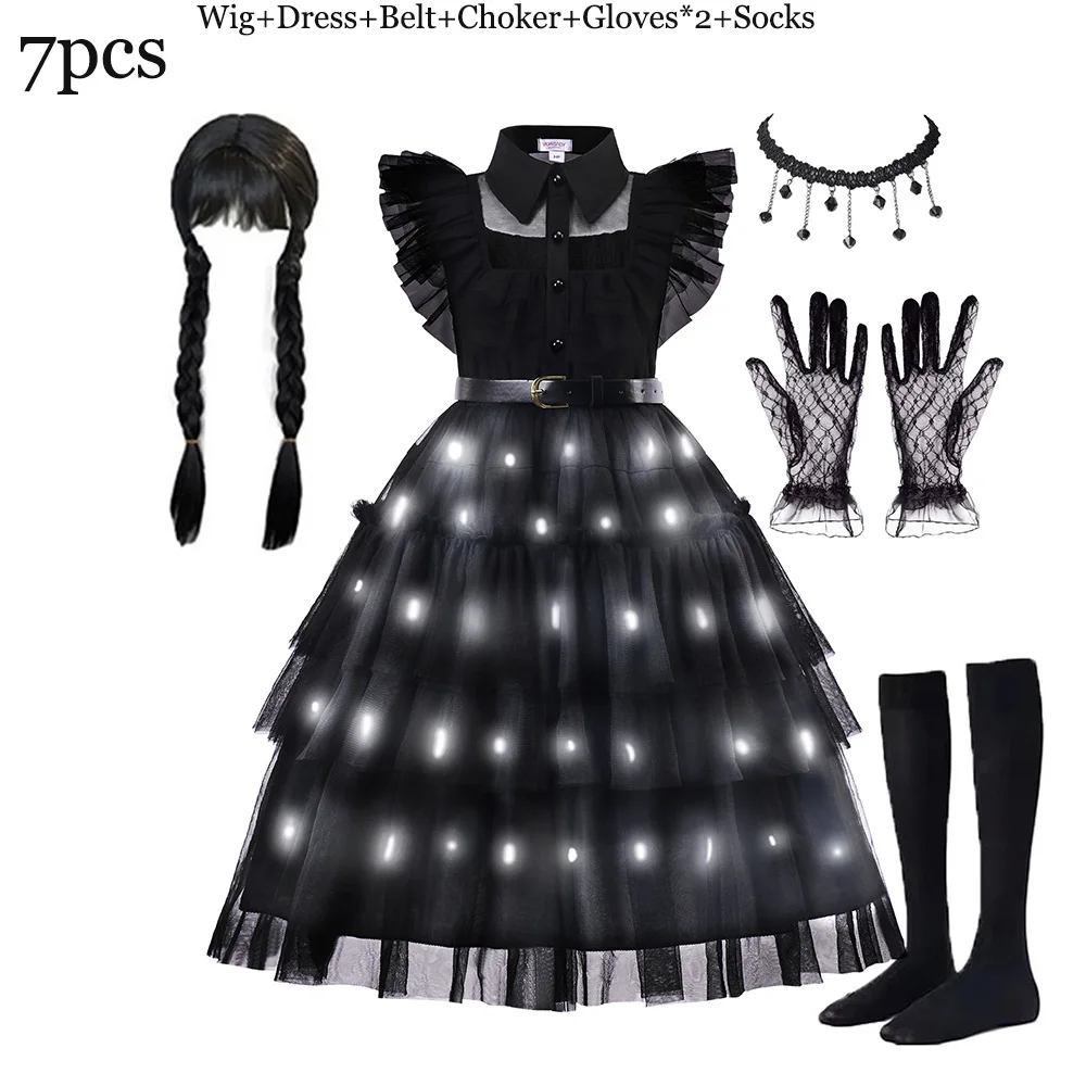 Disfraz de Merlina Addams con LED para niños, vestido de princesa para ...