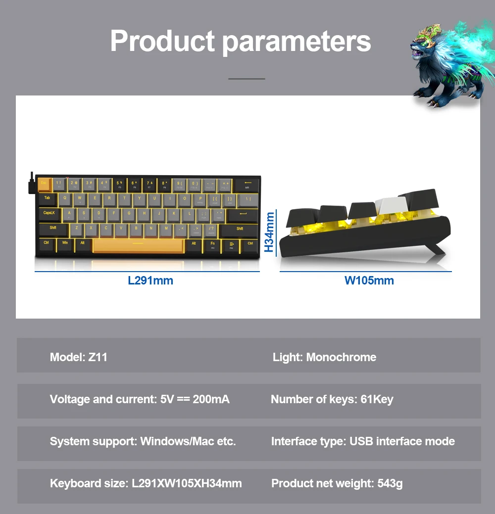 E-YOOSO Z11 USB 60% Mini Mechanical Gaming Wired Keyboard Red Switch 61 Keys Gamer for Computer ...