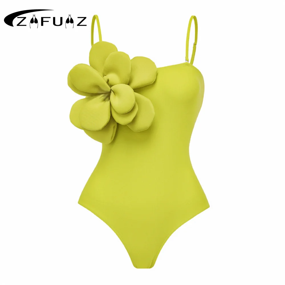 Solid 2024 3d Flower One Shoulder Swimsuit One Piece Swimwear High