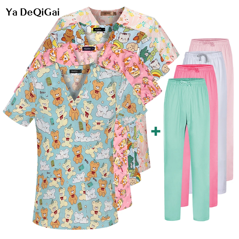 Cartoon Printing Scrubs Tops With Straight Pants Women Men's Medical ...