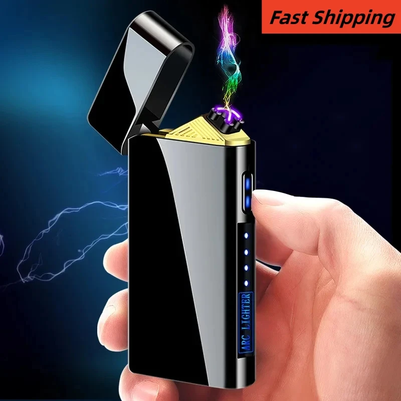 New USB Electric Metal Windproof Pulse Flameless Double Arc Lighter LED ...