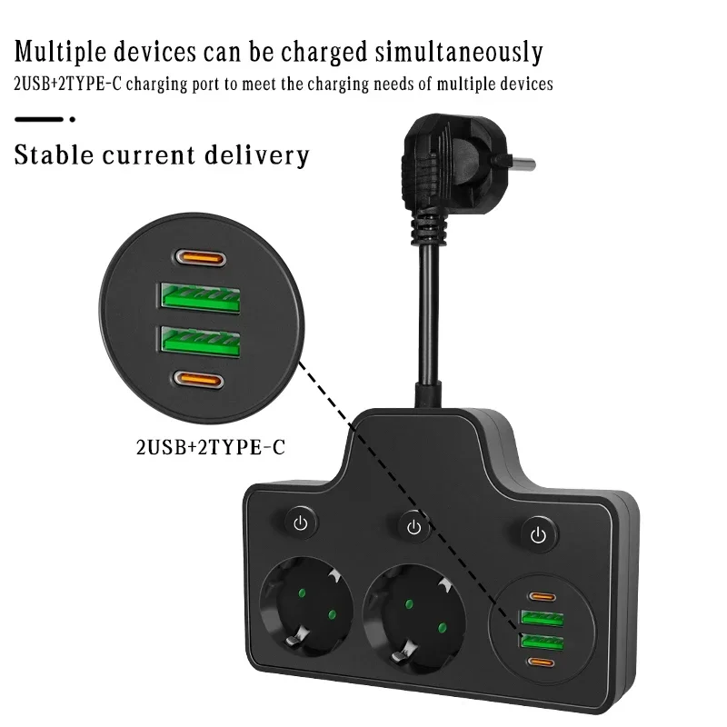 EU Plug Power Strip with 2 USB and 2 Type-C Ports.2,3 or 4 Slots ...