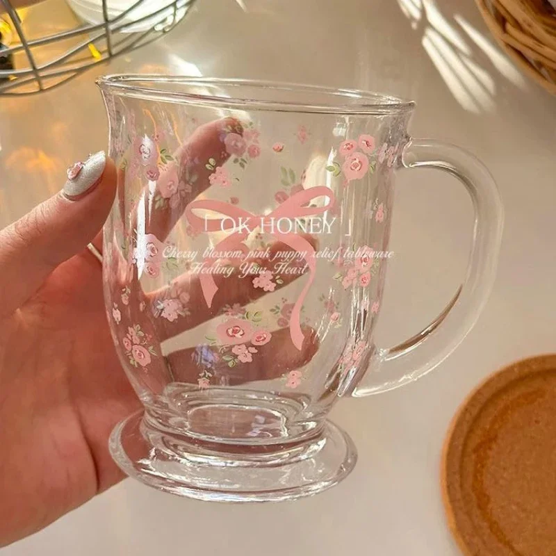 Small-Fresh-Korean-Pink-Glass-Cup-Small-Floral-Bow-Large-Capacity-Glass ...