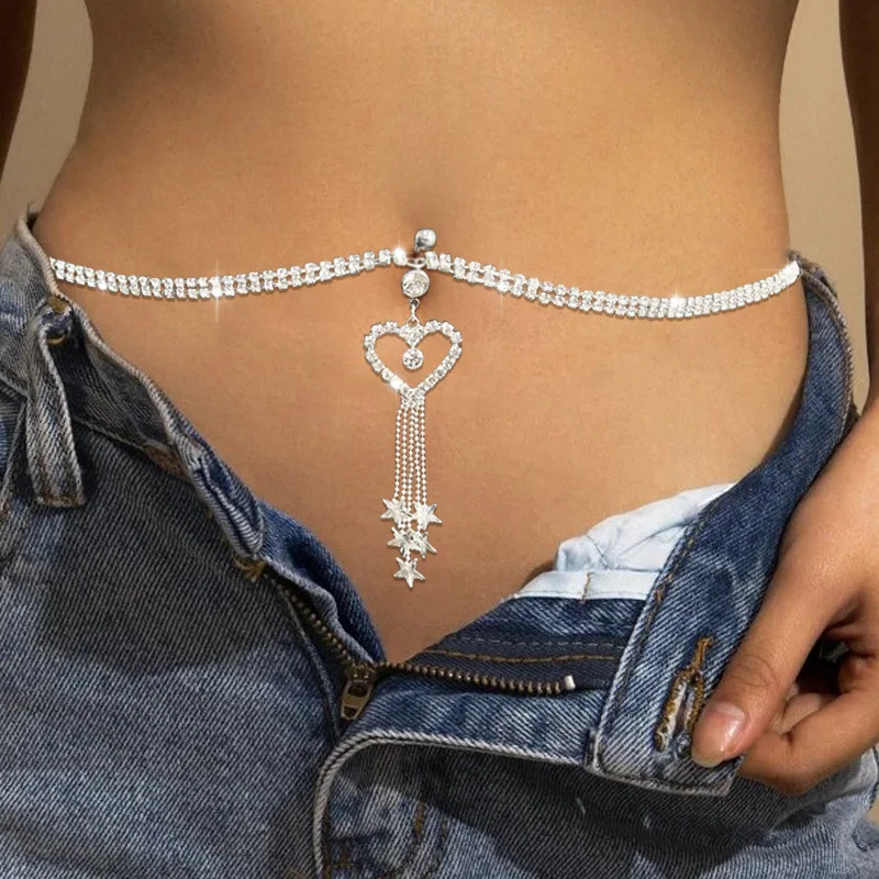 GLAMing Boho Heart Dangle Rhinestone Piercing Navel Chain Belly Button Ring with Waist Chain ...