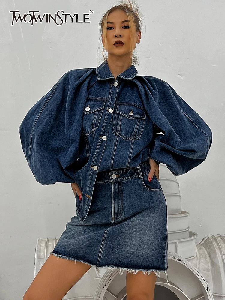 TWOTWINSTYLE-Denim-Skirt-Sets-Female-Lapel-Puff-Sleeve-Loose-Coats-High ...