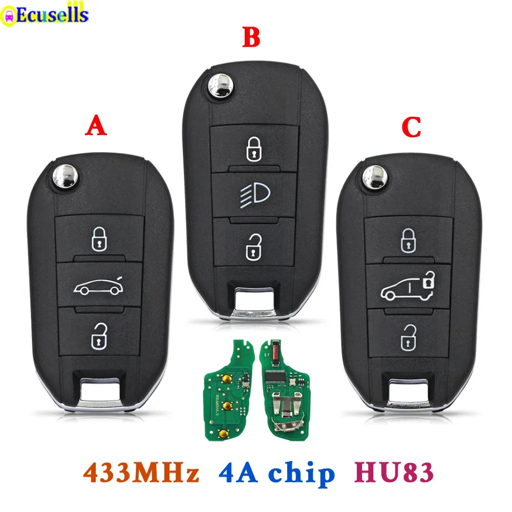 3 Button Flip Remote Key Fob 433MHz 4A Chip For Peugeot Partner 508 308 ...