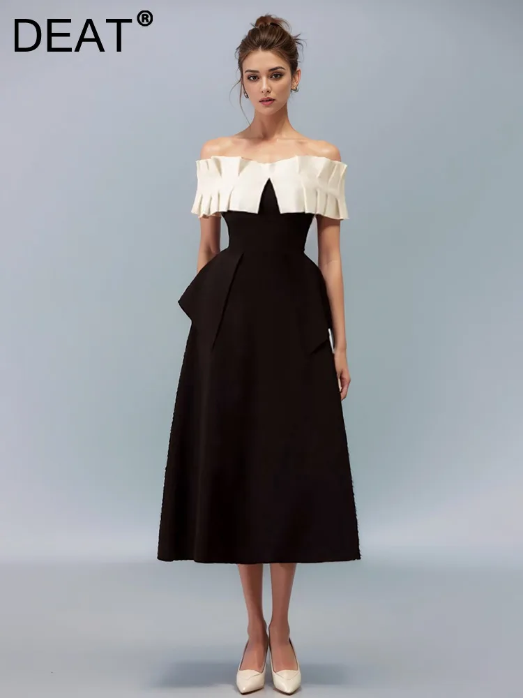 DEAT-Fashion-Women-s-Contrast-Color-Patchwork-Slash-Neck-Dress-High ...