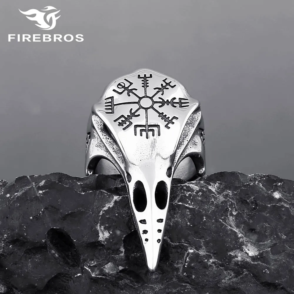 FIREBROS Men Norse Mythology Odin Vegvisir Crow Raven Skull Ring Punk ...