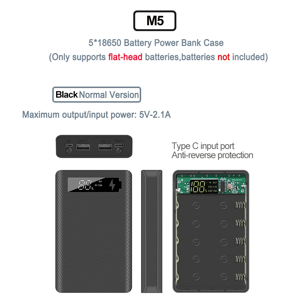 5*18650 Battery Power Bank Case Fast Charge USB Type C DIY Shell ...