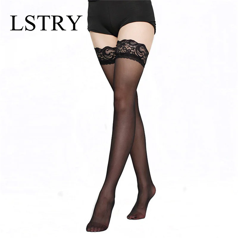 Women Lace Top Stockings Black White Ultrathin Sheer Silk Over Knee Thigh High Hosiery Sexy ...