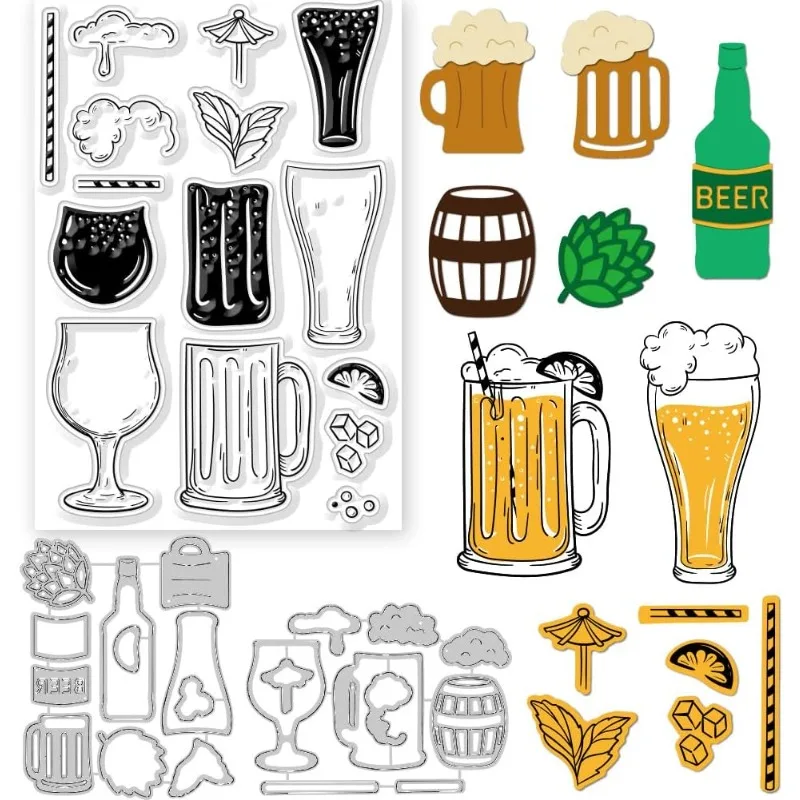 1 Set Beer Clear Stamps and Cutting Dies Beer Stamps and Embossing Die ...