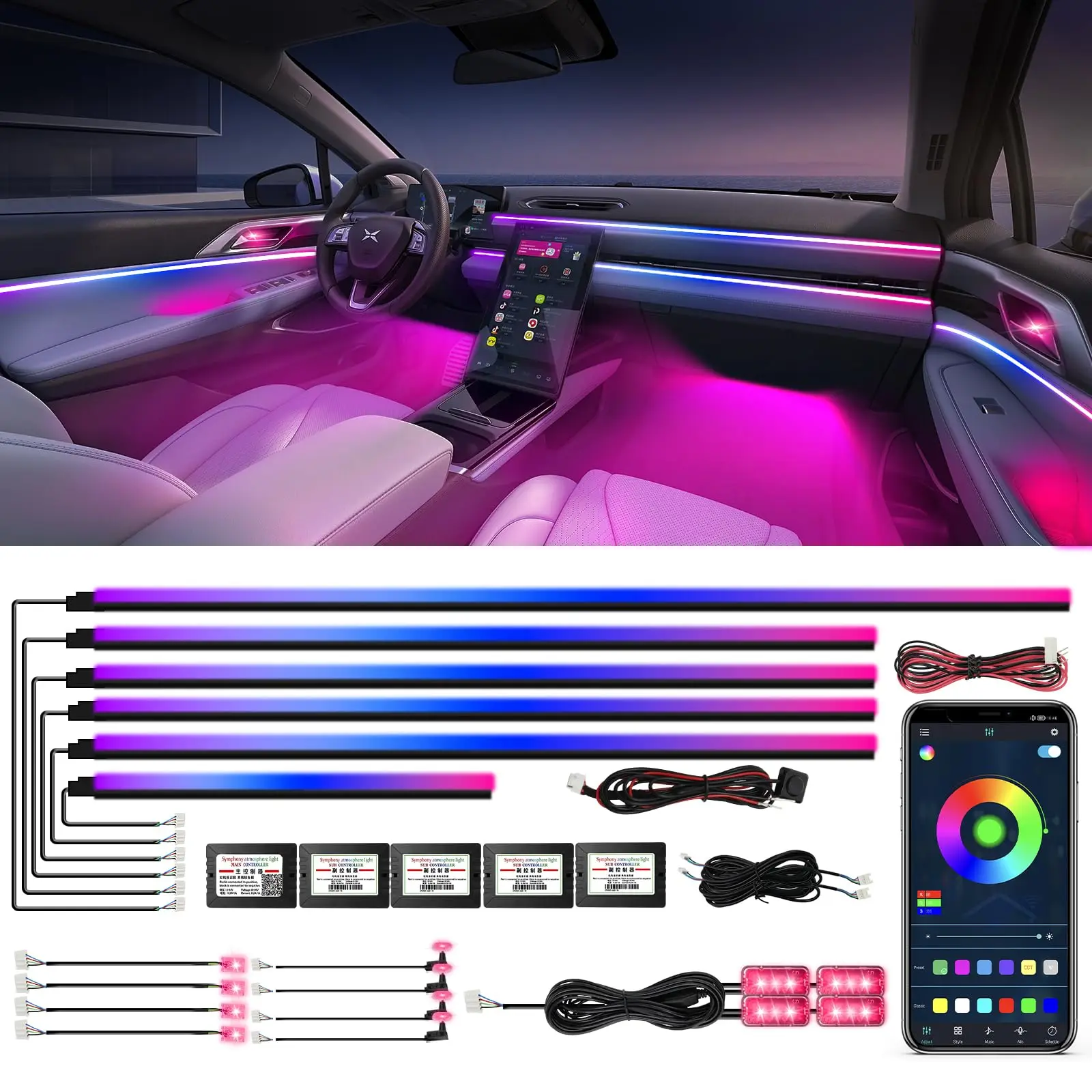 Symphony-Car-Luzes-Ambiente-64-RGB-Acr-lico-Streamer-Colorido-LED-Arco ...