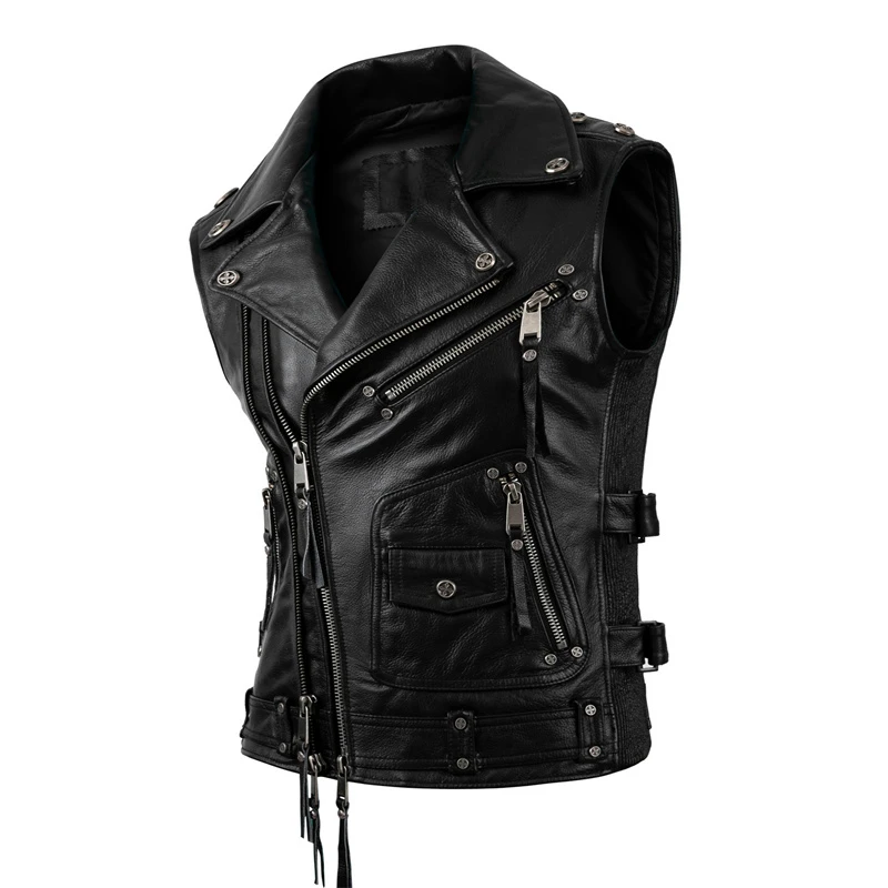Fashion Motorcycle Vest Black Real Cowhide Genuine Leather Vests Men ...