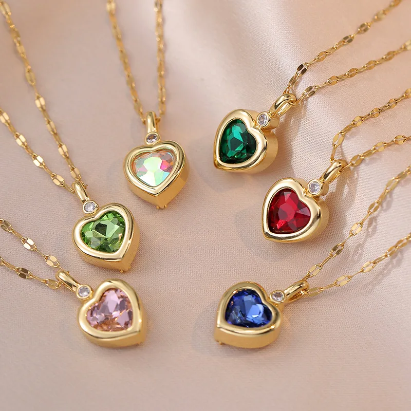 Colorful-Zircon-Love-Heart-Pendant-Necklaces-for-Women-Girls-Stainless ...