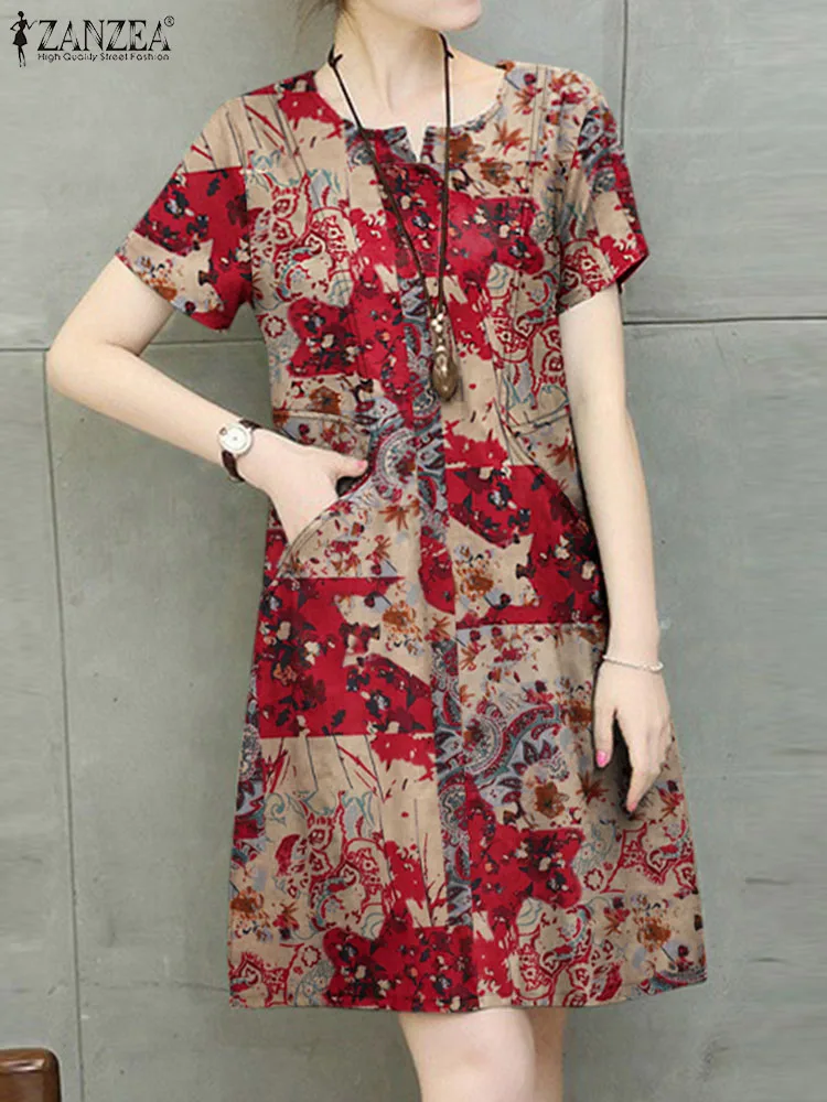 2024-ZANZA-Summer-Dress-Women-Vintage-Short-Sleeve-Floral-Sundress-Robe ...