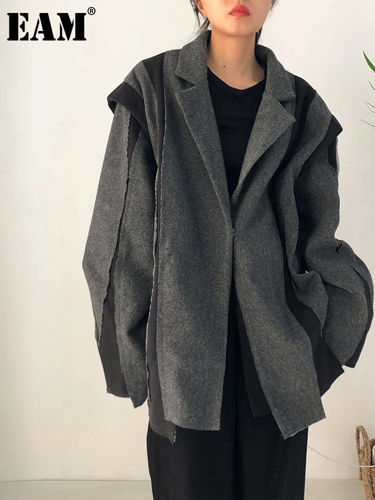 EAM-Loose-Fit-Color-block-Big-Size-Gray-Woolen-Coat-Parkas-New-Long ...