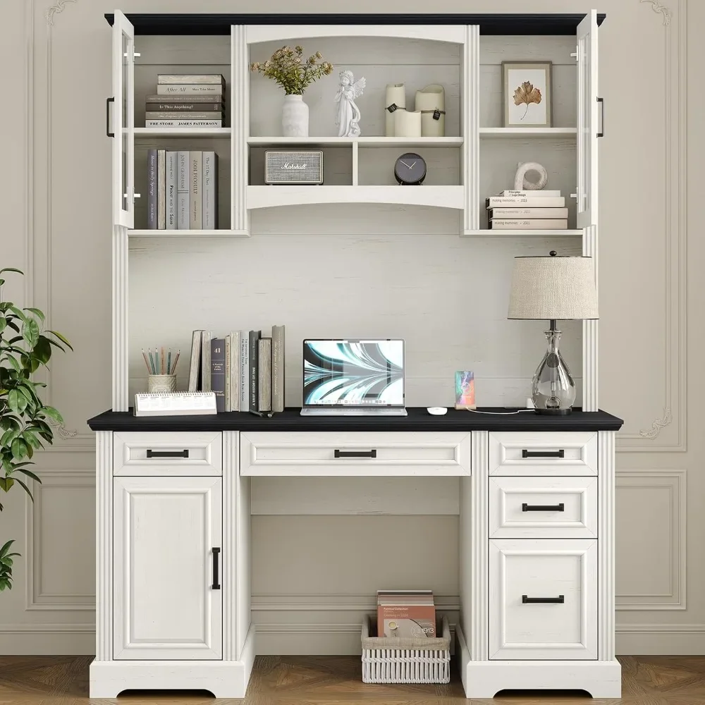 Farmhouse-76-Height-Executive-Desk-with-Hutch-Office-Desk-with-Charging ...