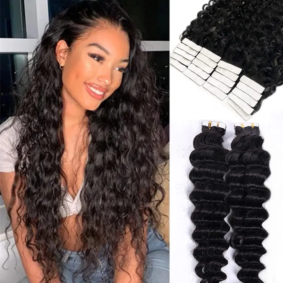 Deep-Wave-Tape-In-Hair-Extensions-Human-Hair-For-Black-Women-100-Remy ...