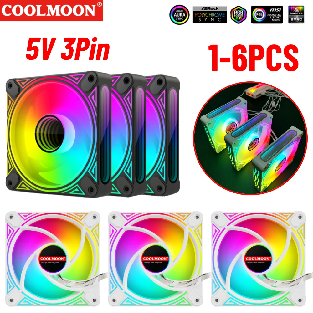 6-1PC COOLMOON DM1 120mm Fãs PC 5V 3PIN ARGB Aura Sync Luminoso Chassis ...