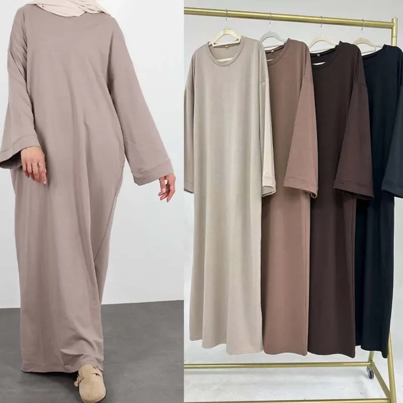 2024-New-Modest-Dress-Solid-Color-Inner-Dresses-Muslim-Women-Dubai ...