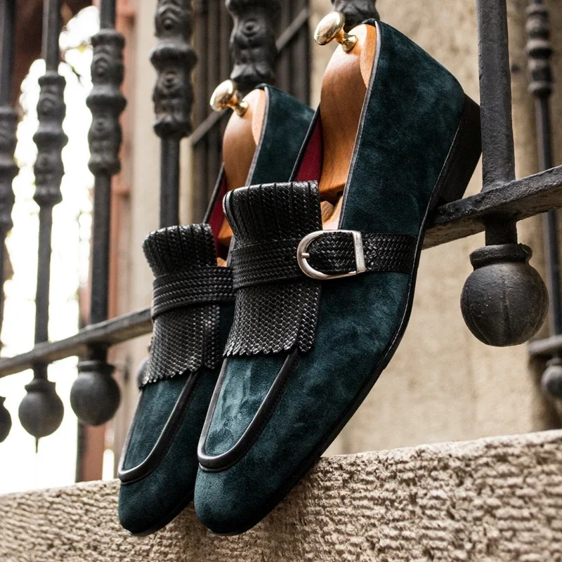 Green Men Formal Shoes Loafers Flock Tassels Slip-On Round Toe Party ...