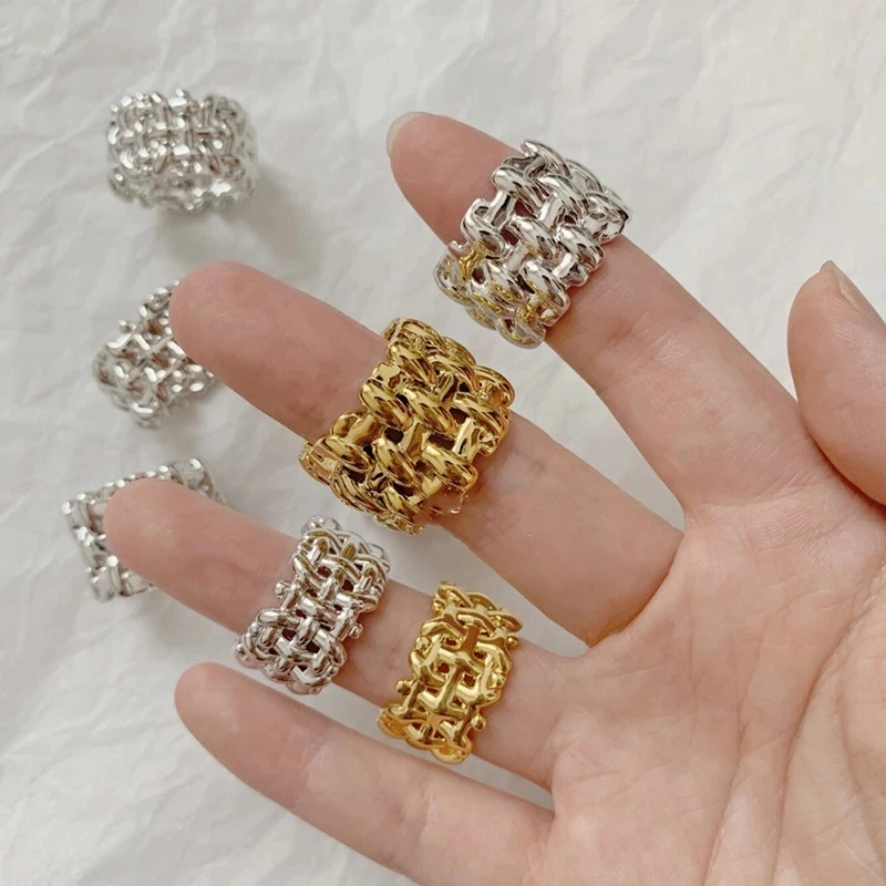 MASA New Retro Metal Geometric Irregular Weave Wide Adjustable Finger Rings Punk for MEN Women ...
