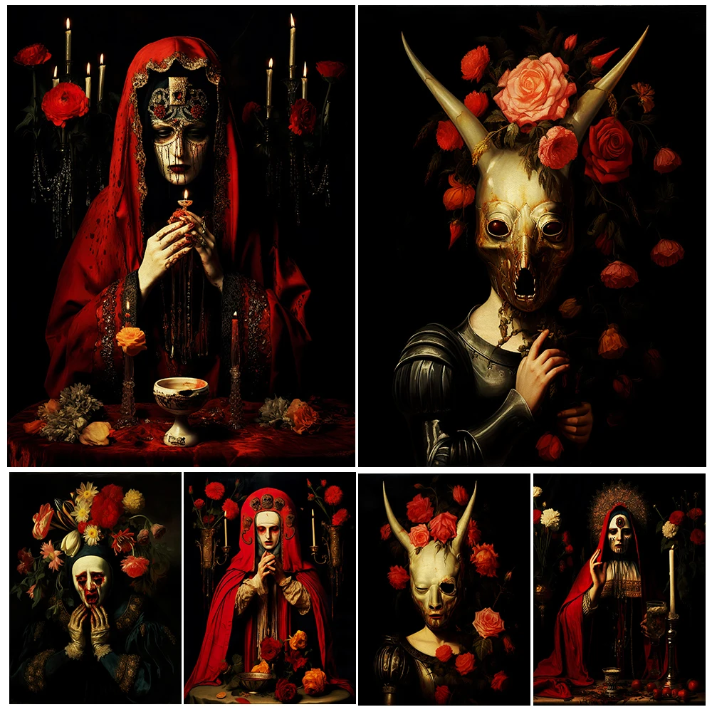 Scary-Priestess-And-Demon-Masked-Girl-Vintage-Wall-Art-Canvas-Painting ...